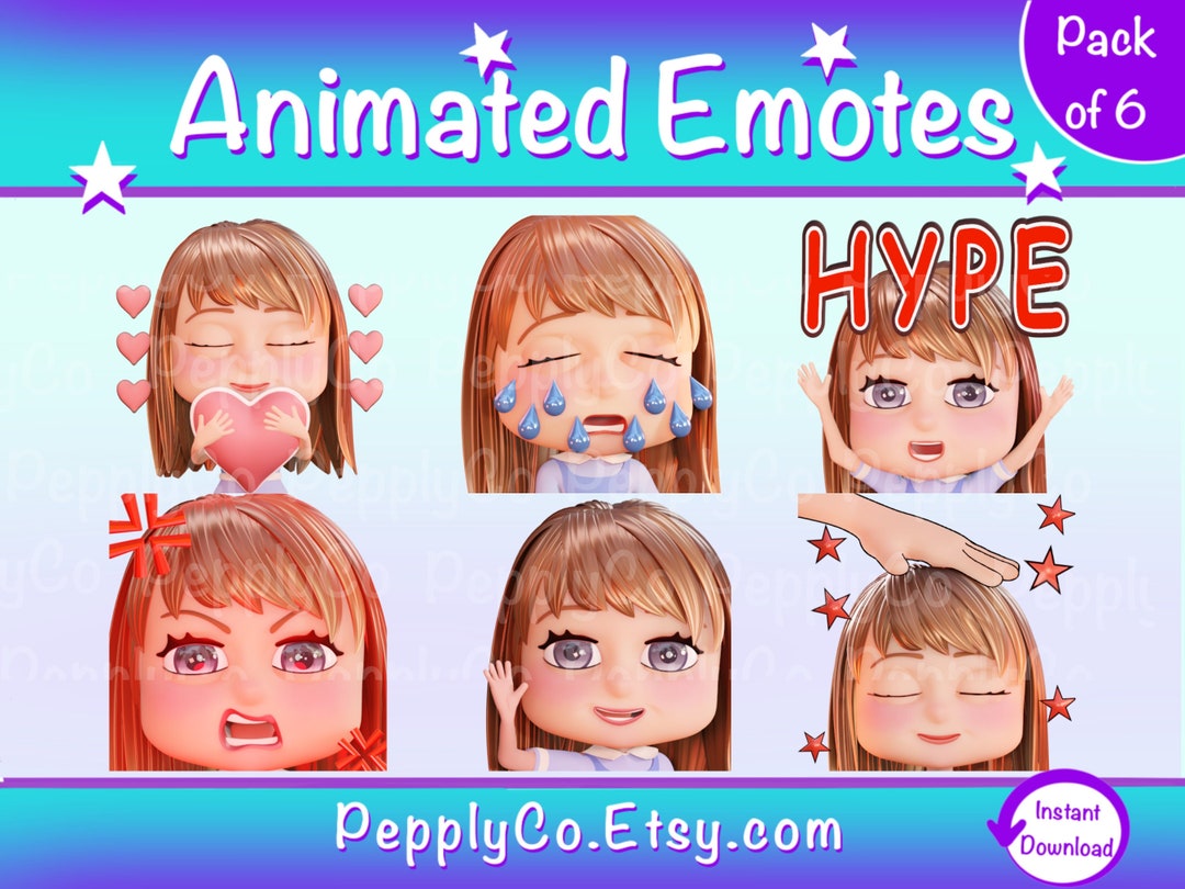 ANIMATED Twitch Emote Kawaii Chibi Girl Pack of 6 Brown Hair, Blue Eyes ...