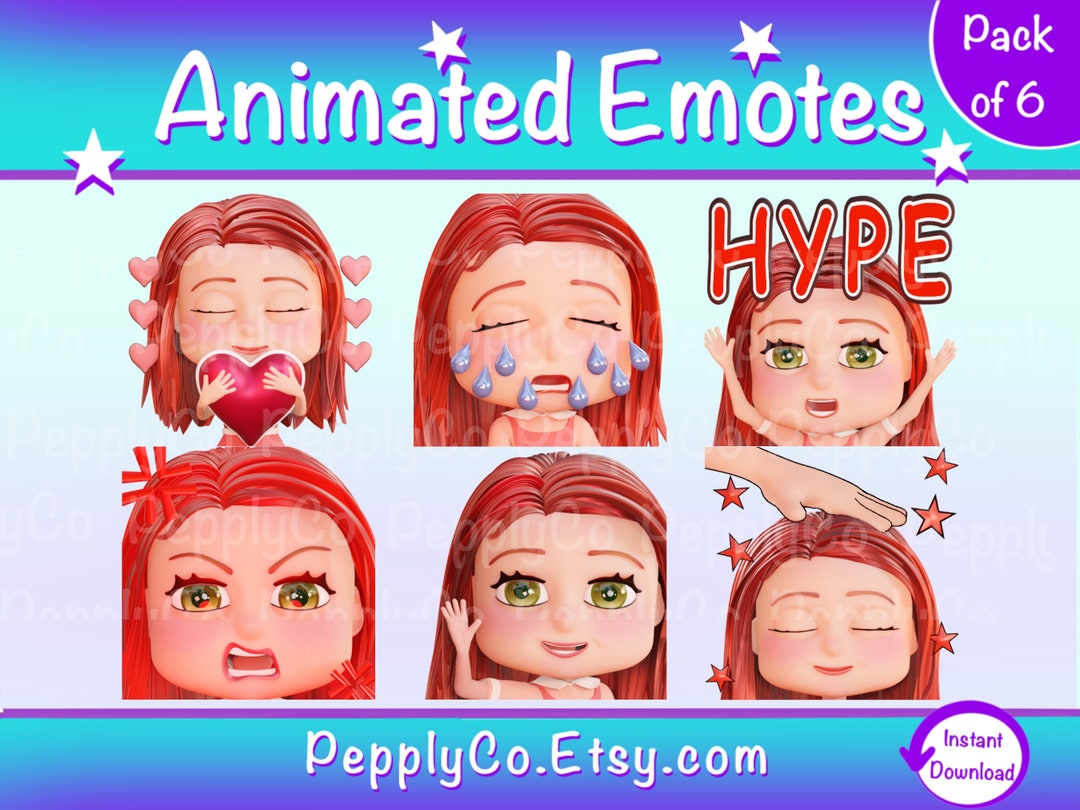 ANIMATED Twitch Emote Kawaii Chibi Girl Pack of 6 Red Hair, Green Eyes ...