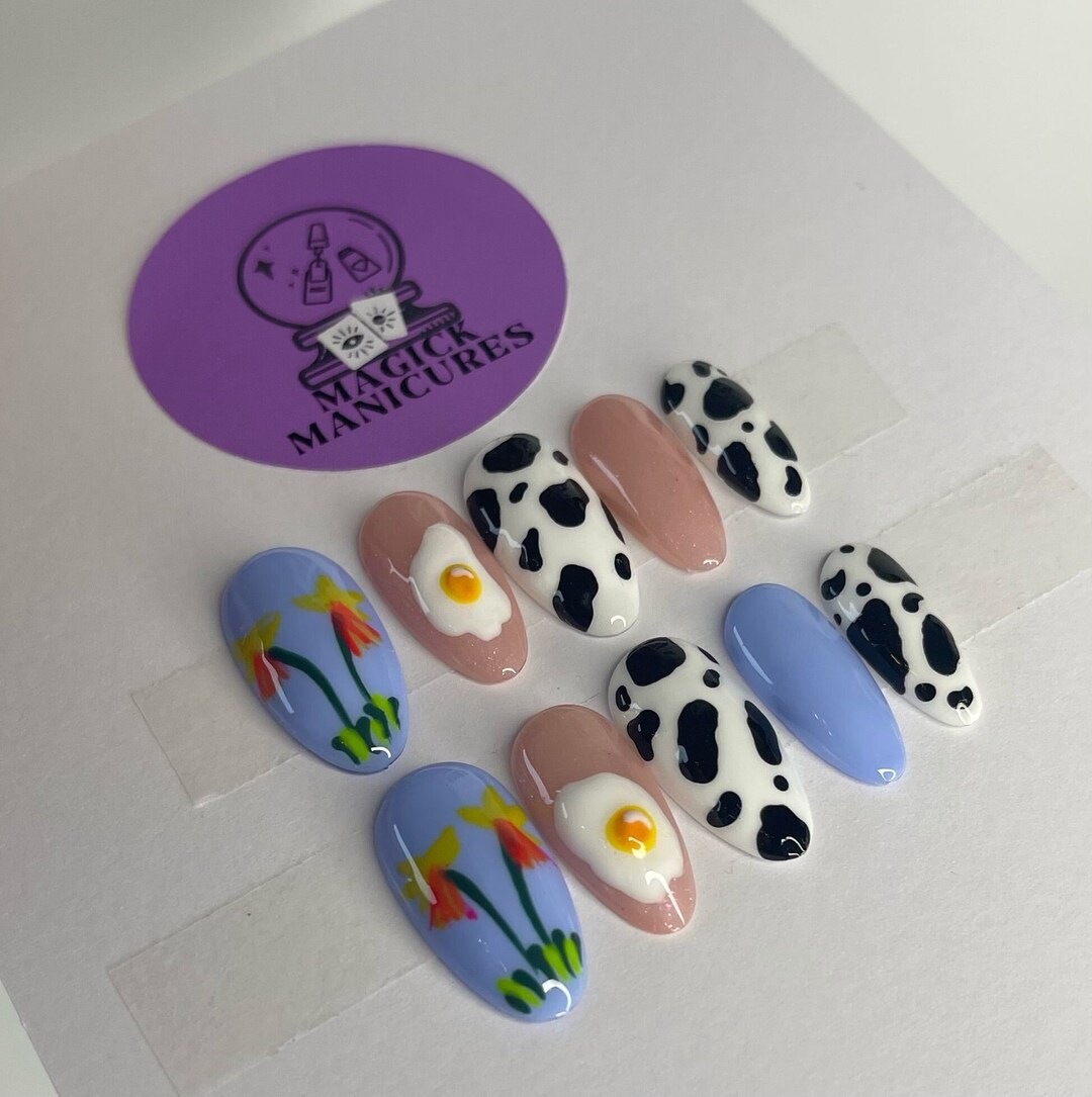 Moo Moo Press-on Nails Cow Print Press-ons Hand-painted Gel Nails Mix ...
