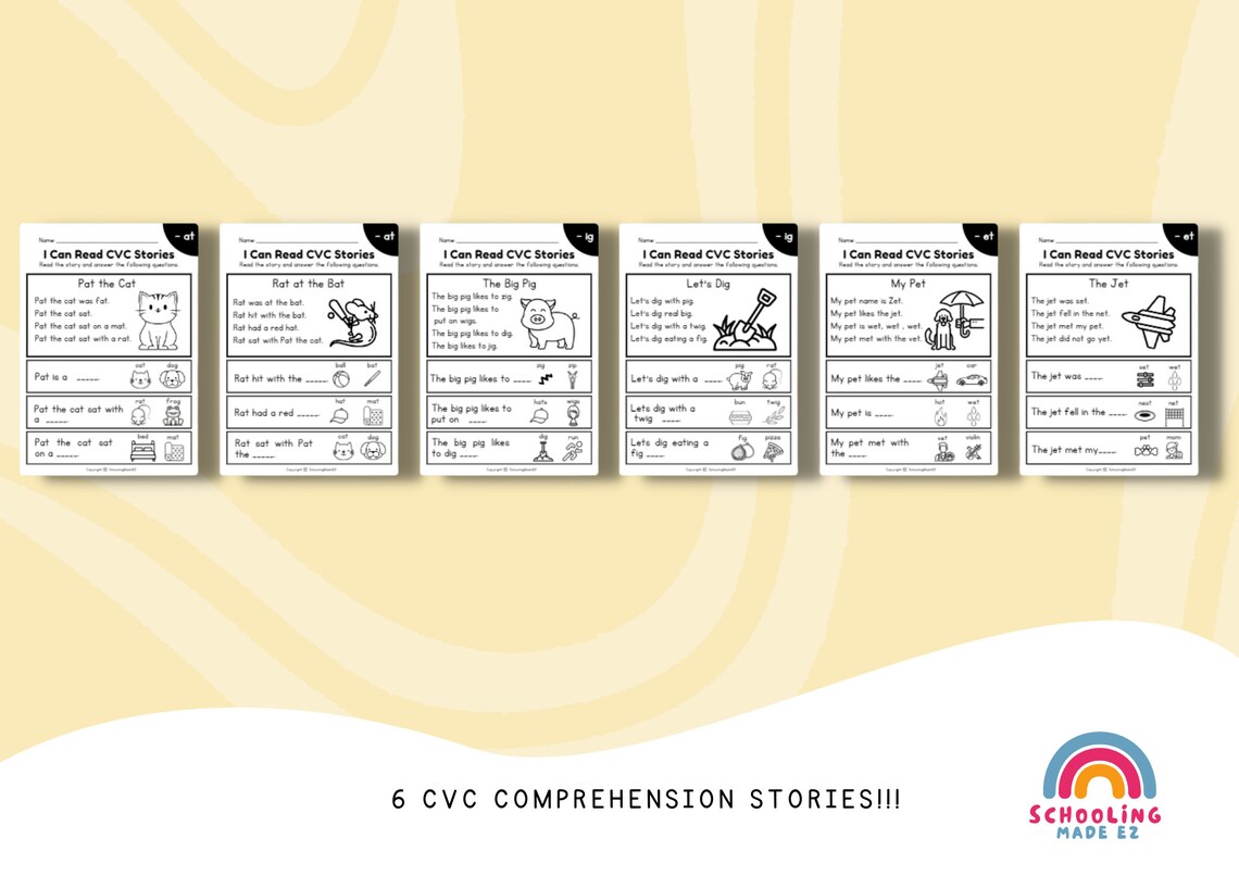 I Can Read CVC Comprehension Printable Worksheets Part 1 for - Etsy