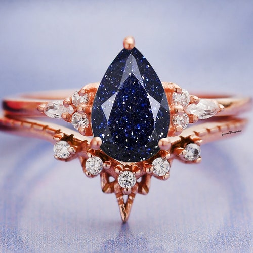 Vintage Blue Sandstone Engagement Ring Set 14k Gold Hexagon - Etsy