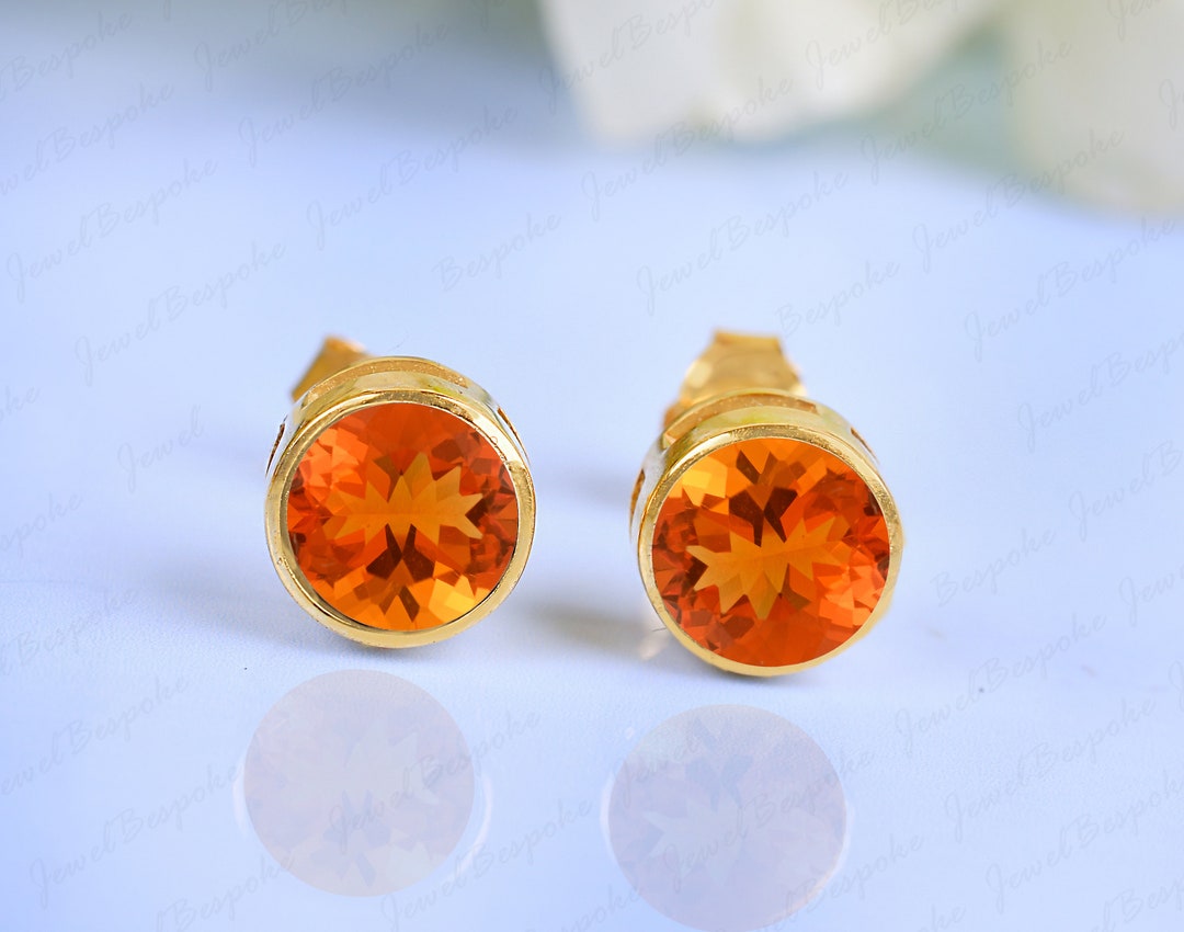 14K Gold Fire Opal Earrings Round Solitaire Birthstone Jewelry Unique ...