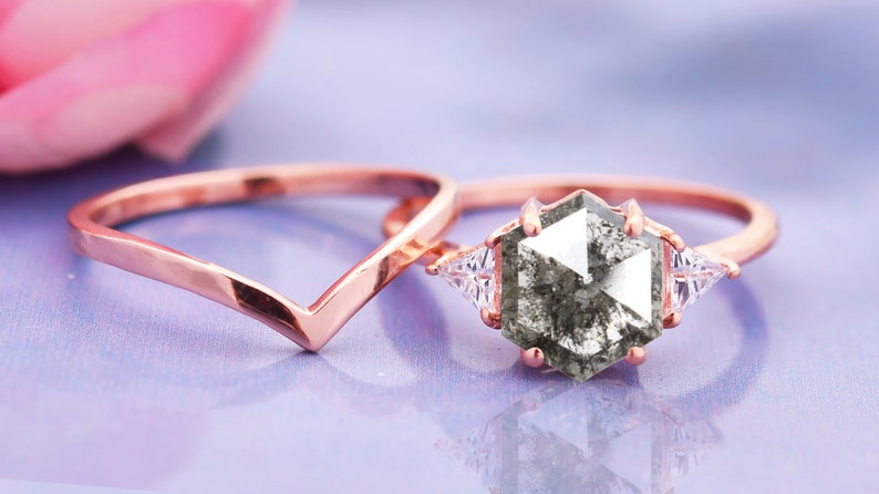 Hexagon Salt and Pepper Diamond Ring Set, Unique Bridal Rings - Etsy UK