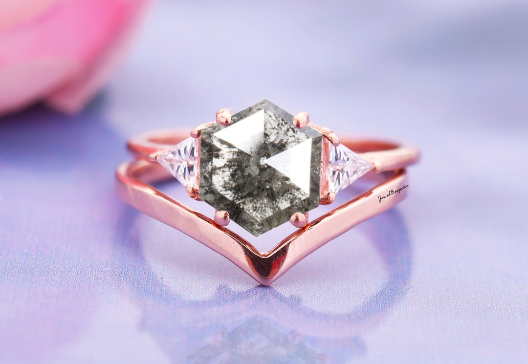 Hexagon Salt and Pepper Diamond Ring Set, Unique Bridal Rings - Etsy UK