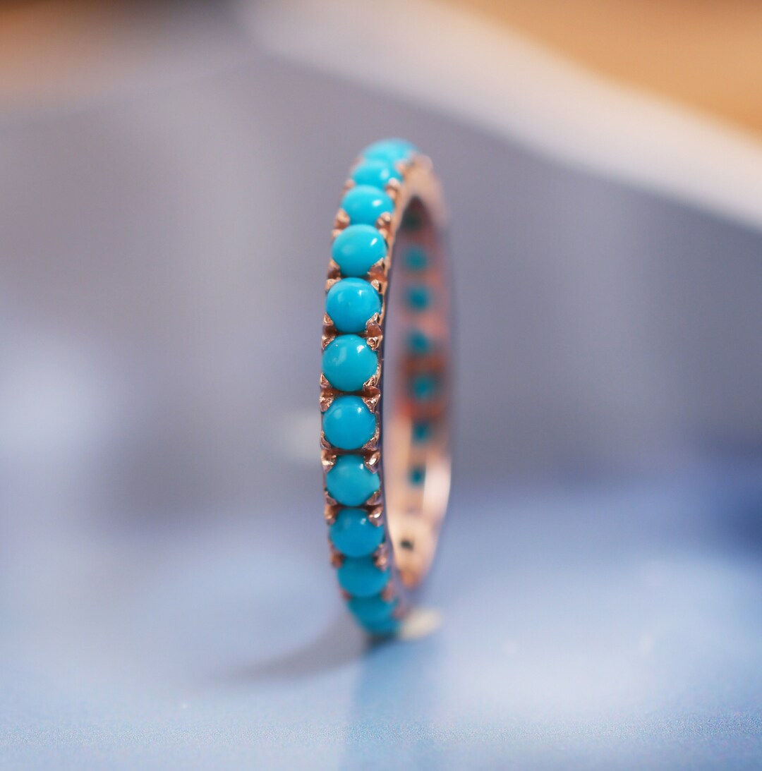 14K Rose Gold Turquoise Eternity Ring Handmade Promise Wedding Band Sleeping Beauty Band Gifts ...