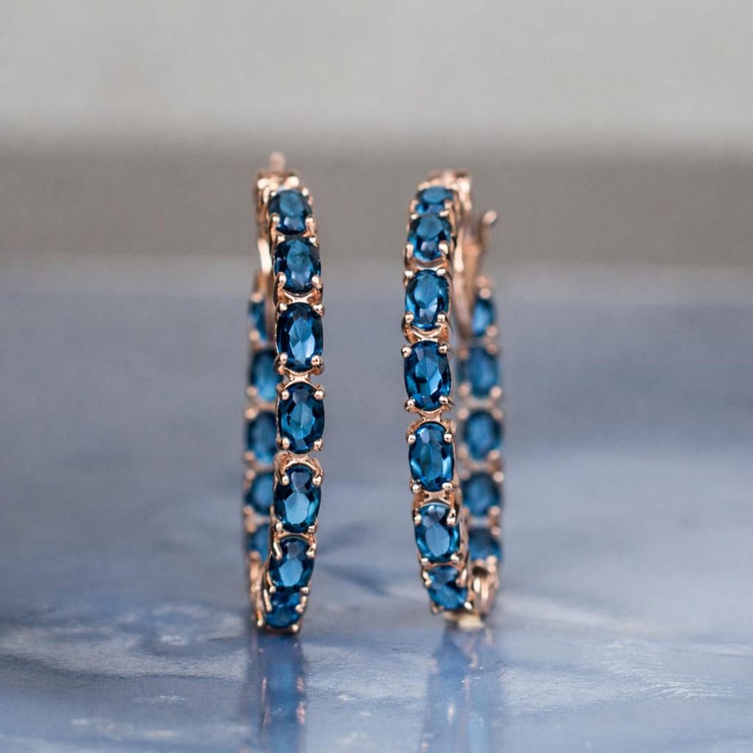 Natural London Blue Topaz Hoop Earrings, Rose Gold Art Deco Bridal ...