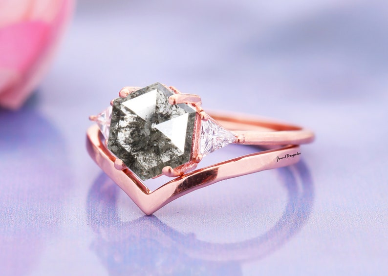 Hexagon Salt and Pepper Diamond Ring Set, Unique Bridal Rings - Etsy UK