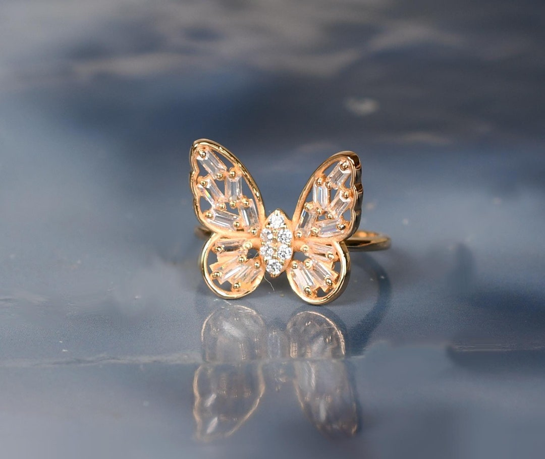 Butterfly Wedding Engagement Ring Moissanite Baguette Shaped 14K Yellow ...