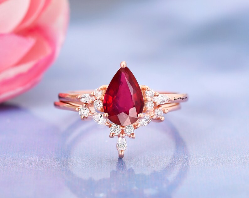 Vintage Pear Shaped Ruby Engagement Ring Set 1.25ct Ruby - Etsy