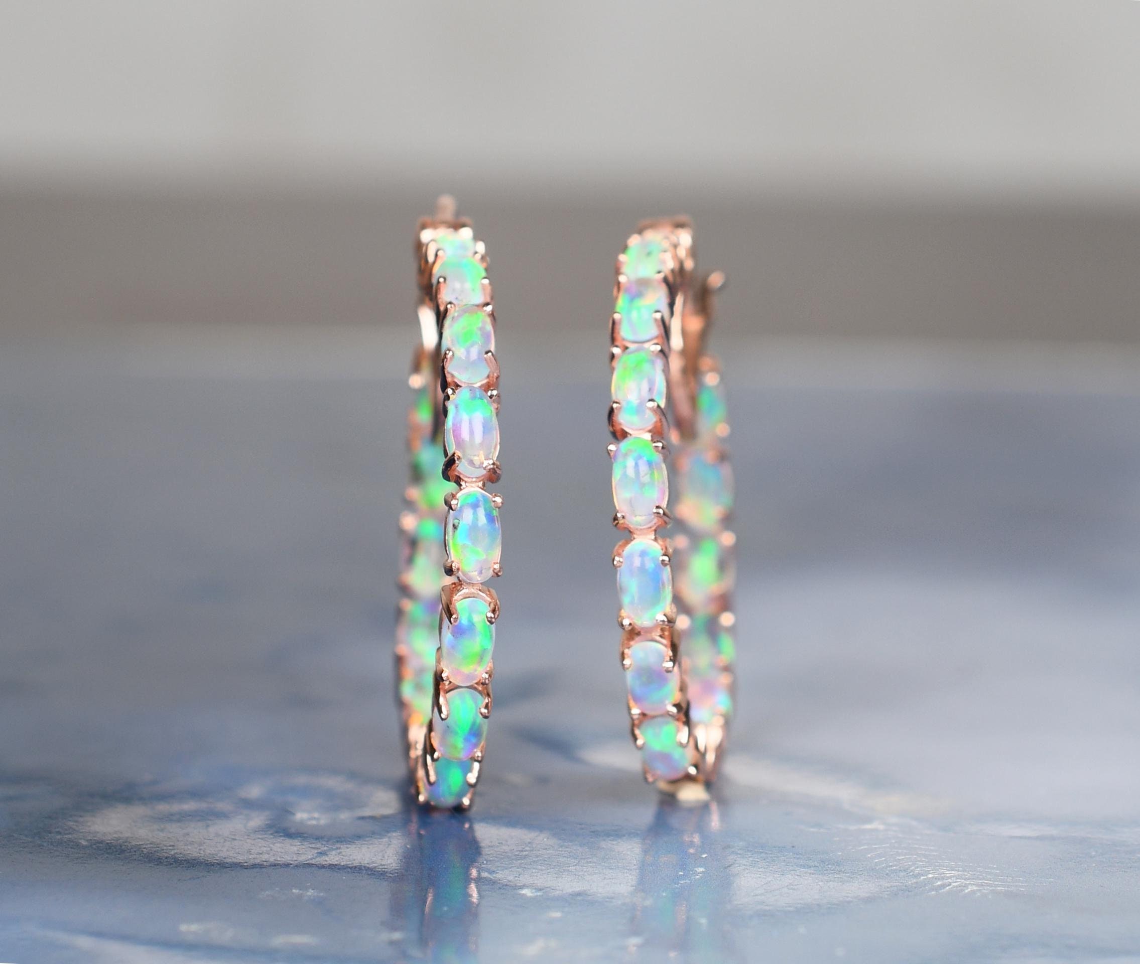 Natural Opal Hoop Earrings Rose Gold Art Deco Bridal Jewelry Elegant ...