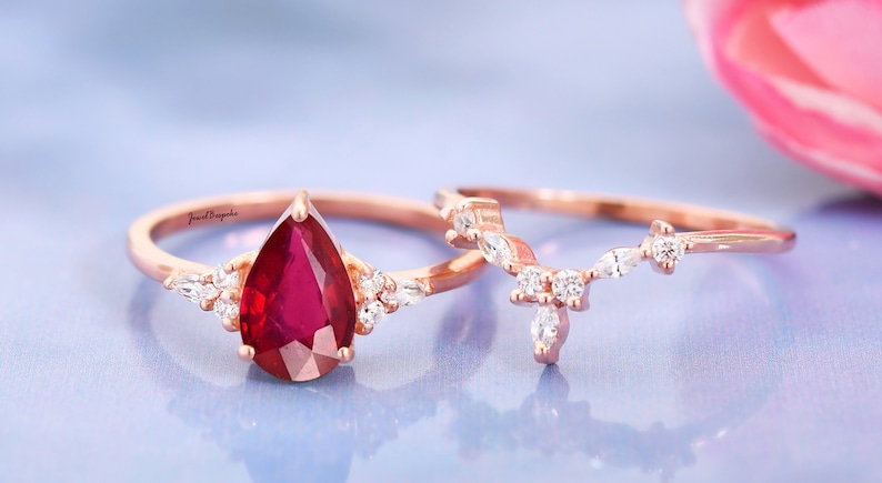 Vintage Pear Shaped Ruby Engagement Ring Set 1.25ct Ruby - Etsy