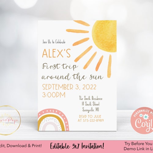 Boho First Trip Around The Sun Birthday Invitation Editable Etsy