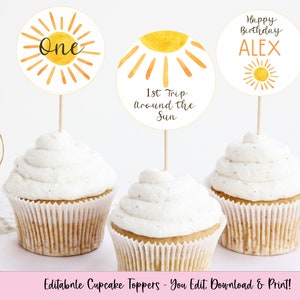 EDITABLE SUN Party Cupcake Toppers, Sun Circle Party Decoration, Sun ...