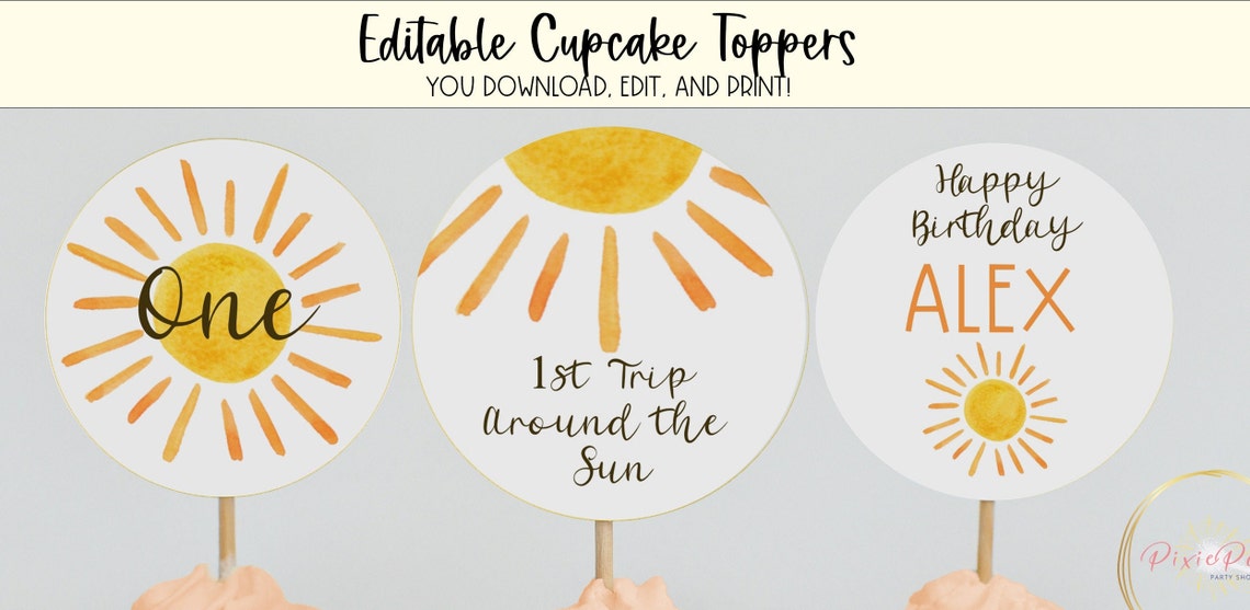 EDITABLE SUN Party Cupcake Toppers, Sun Circle Party Decoration, Sun ...