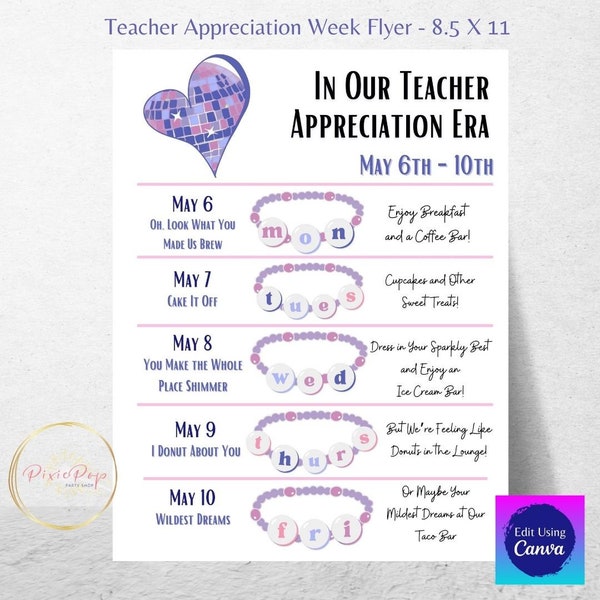 Teacher Appreciation Week Schedule - Etsy
