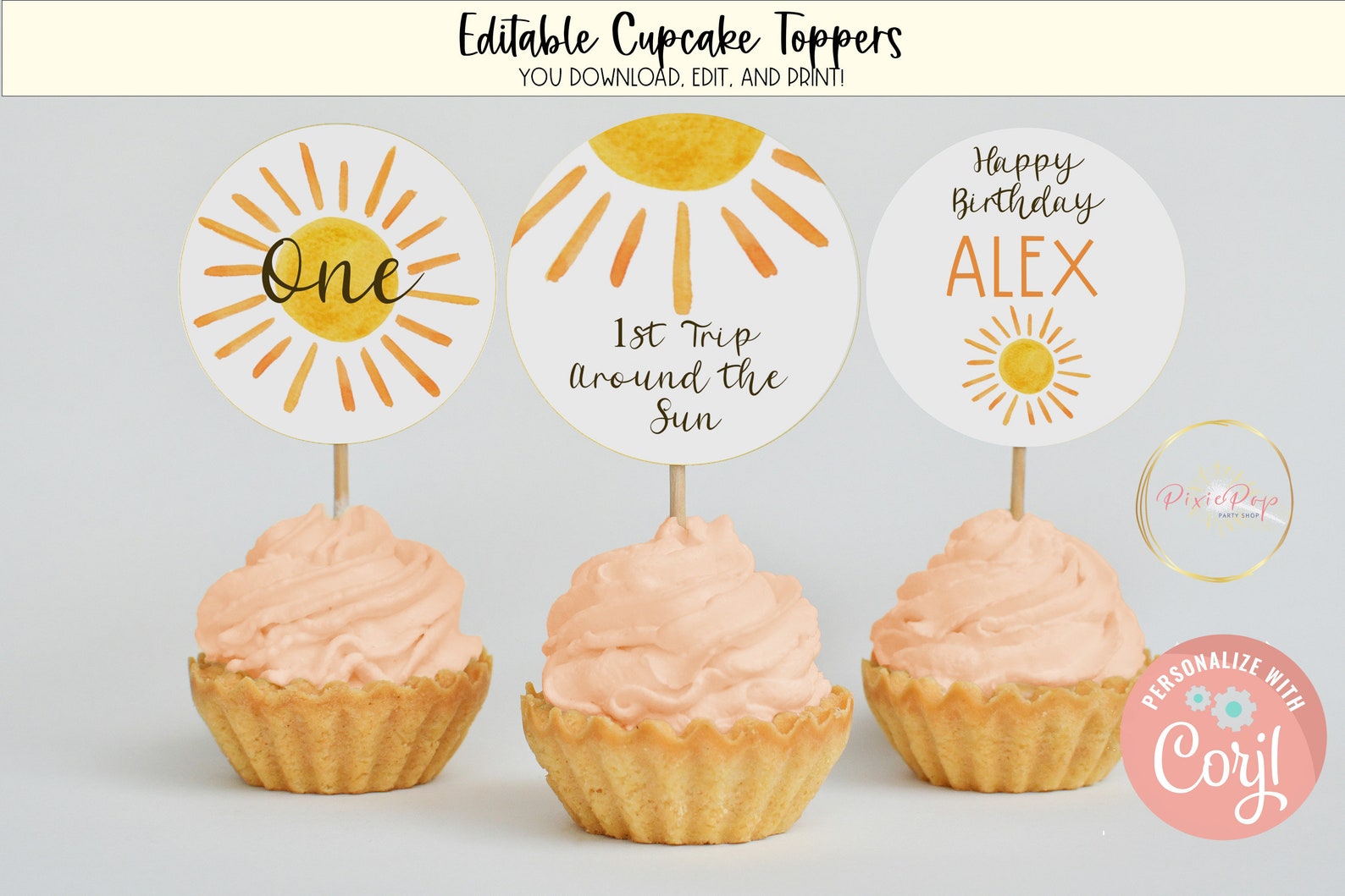 EDITABLE SUN Party Cupcake Toppers, Sun Circle Party Decoration, Sun ...