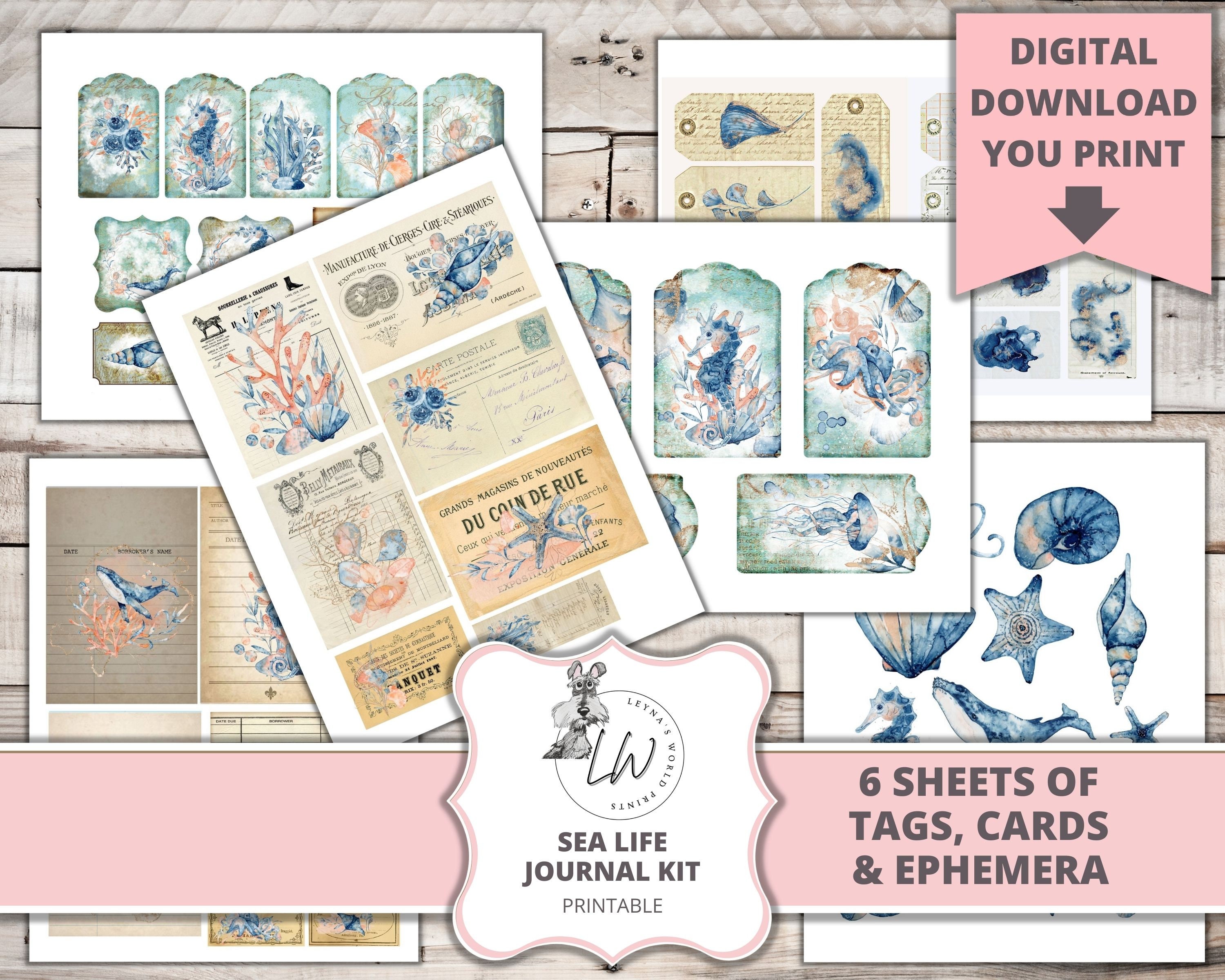 SEA LIFE, Junk Journal Kit, Ocean, Sea Horses, Whales, Coral, Turquoise ...