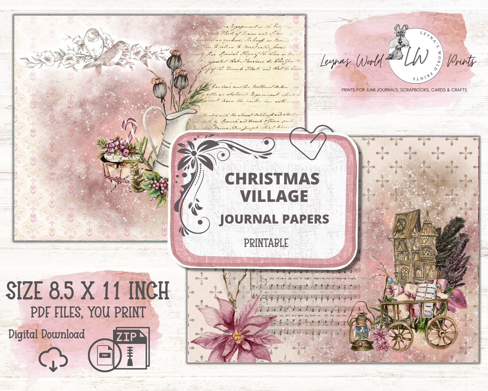CHRISTMAS VILLAGE, Journal Papers, Digital, Printable, Download, Junk ...