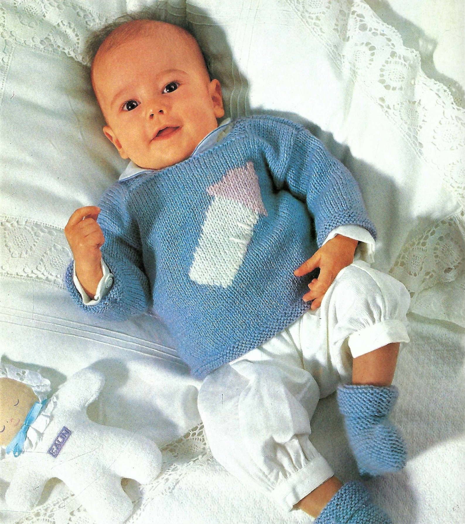 Easy Knit Baby Jacket Cardigan Sweater Boots Swiss Darn Motif Jumper ...