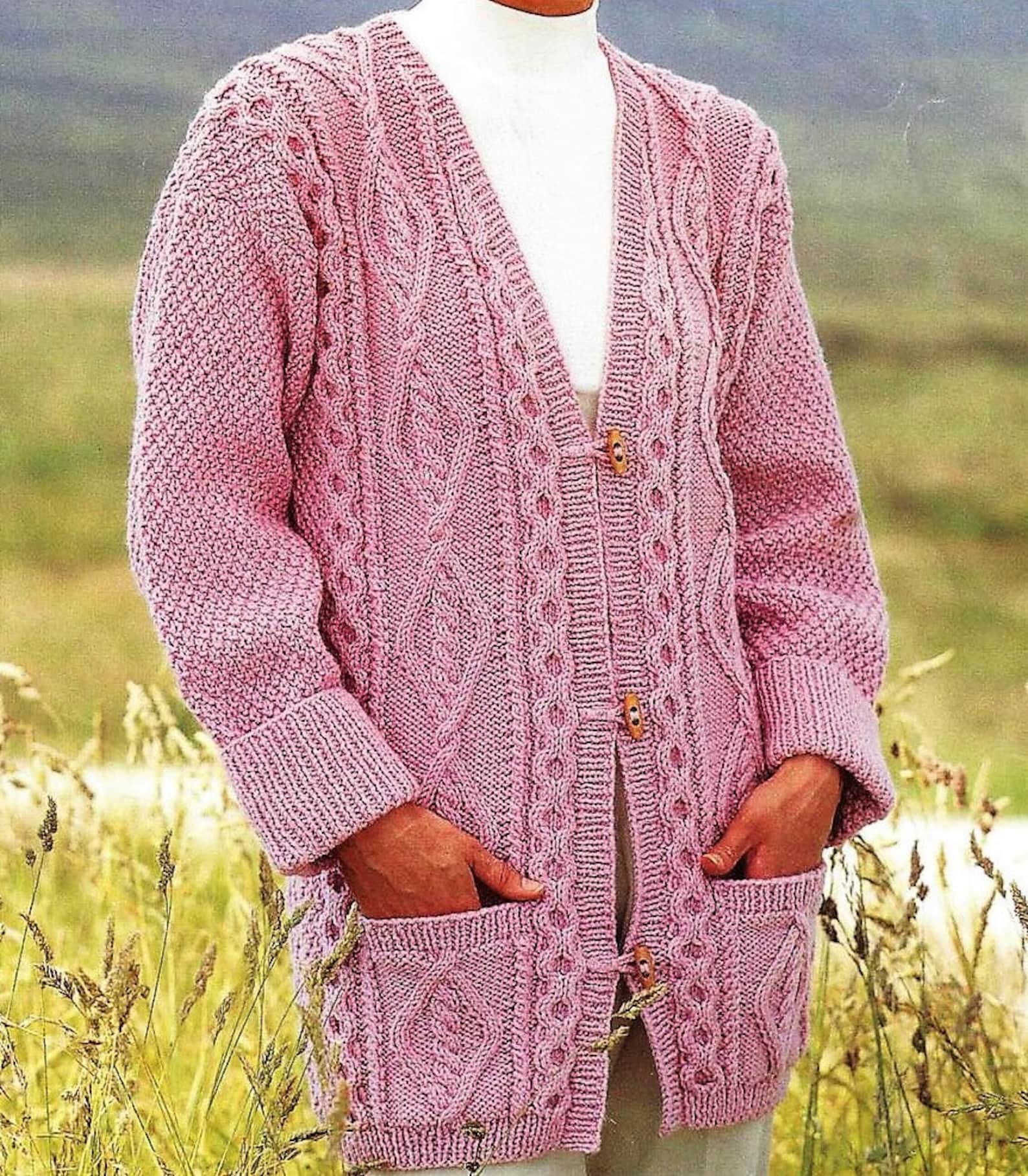 Ladies Long Lenght Jacket Cardigan Pockets Diamond Cable Design V Neck ...