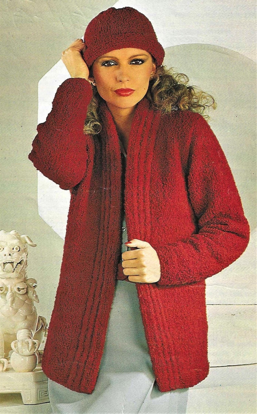 Ladies Easy Knit Long Jacket Cardigan Beanie Hat PDF Knitting Pattern ...