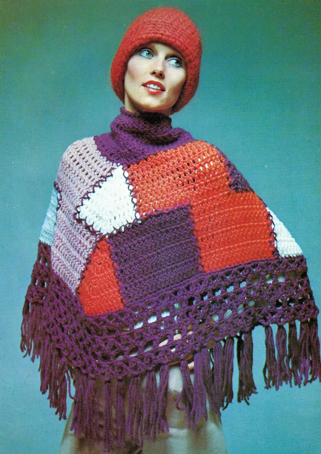 PDF Crochet Pattern Ladies Patchwork Fringed Poncho 70s Style DK ( 8 ...