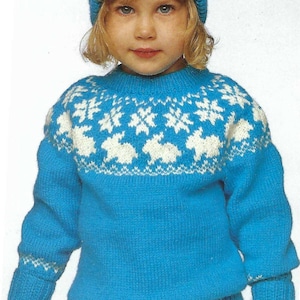 Girls Fair Isle Yoke Snowflake Bunny Rabbit Sweater Jumper Hat Mittens ...