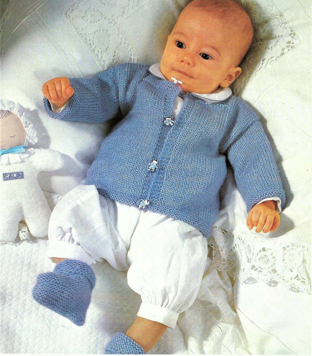 Easy Knit Baby Jacket Cardigan Sweater Boots Swiss Darn Motif Jumper ...