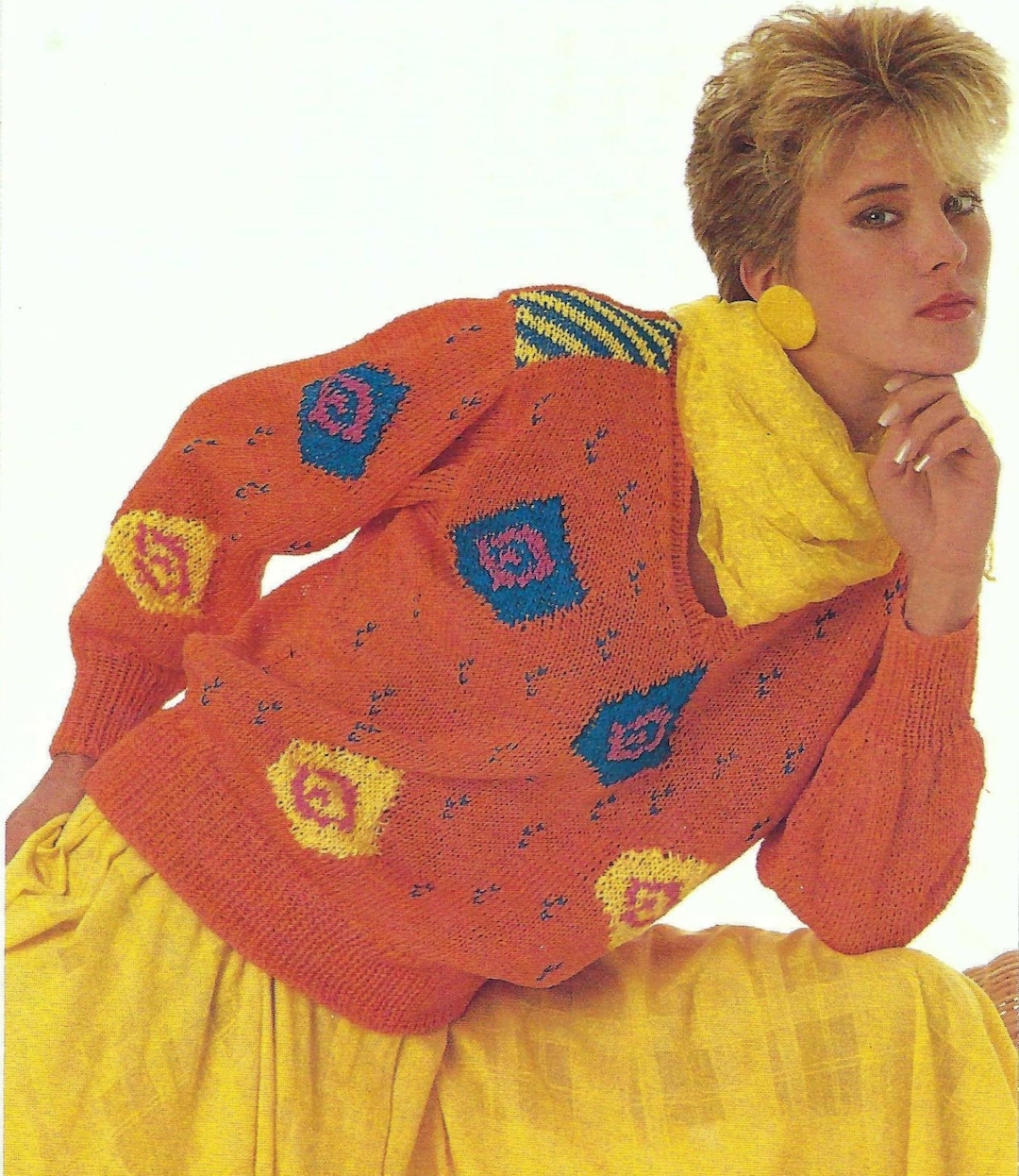 Ladies Bright 80s Style Sweater With Contasting Colour Motif V Neck ...