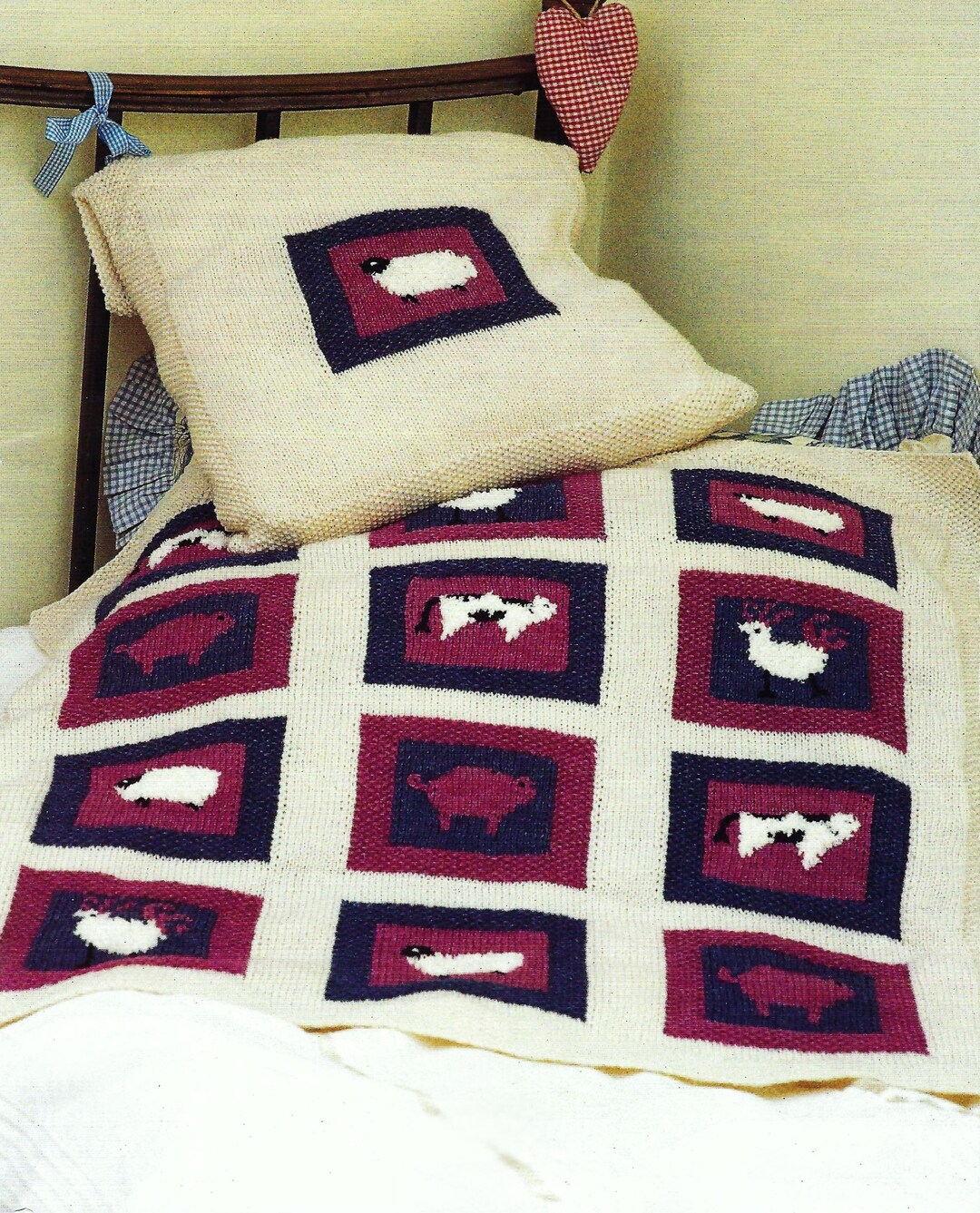 Farm Animal Baby Cot Blanket & Pillow PDF Knitting Pattern Sheep Pig ...