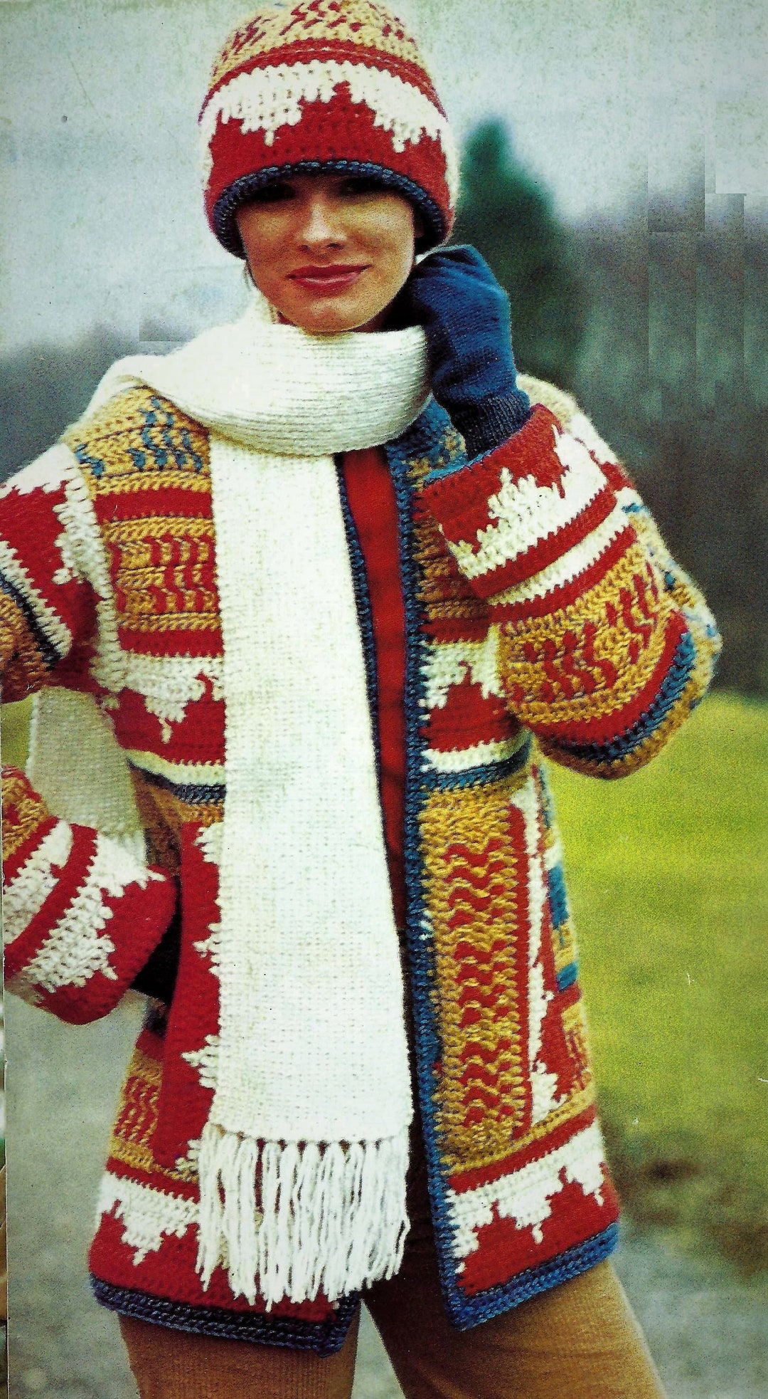 Ladies Aztec Style Colour Block Long Coat Jacket Beanie Hat Gloves ...