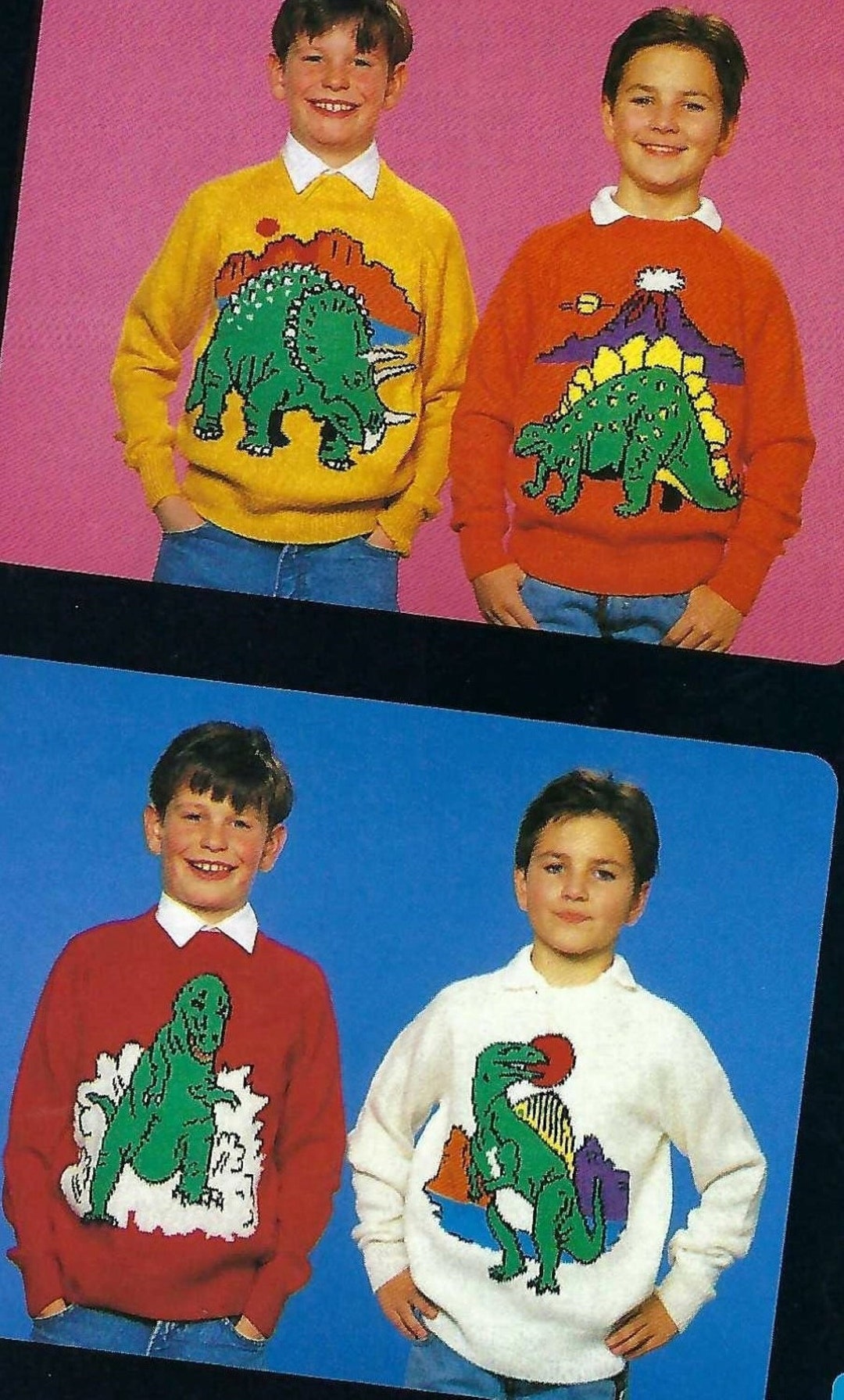 Childs Adults Dinosaur Motif Sweater Jumper Intarsia PDF Knitting ...