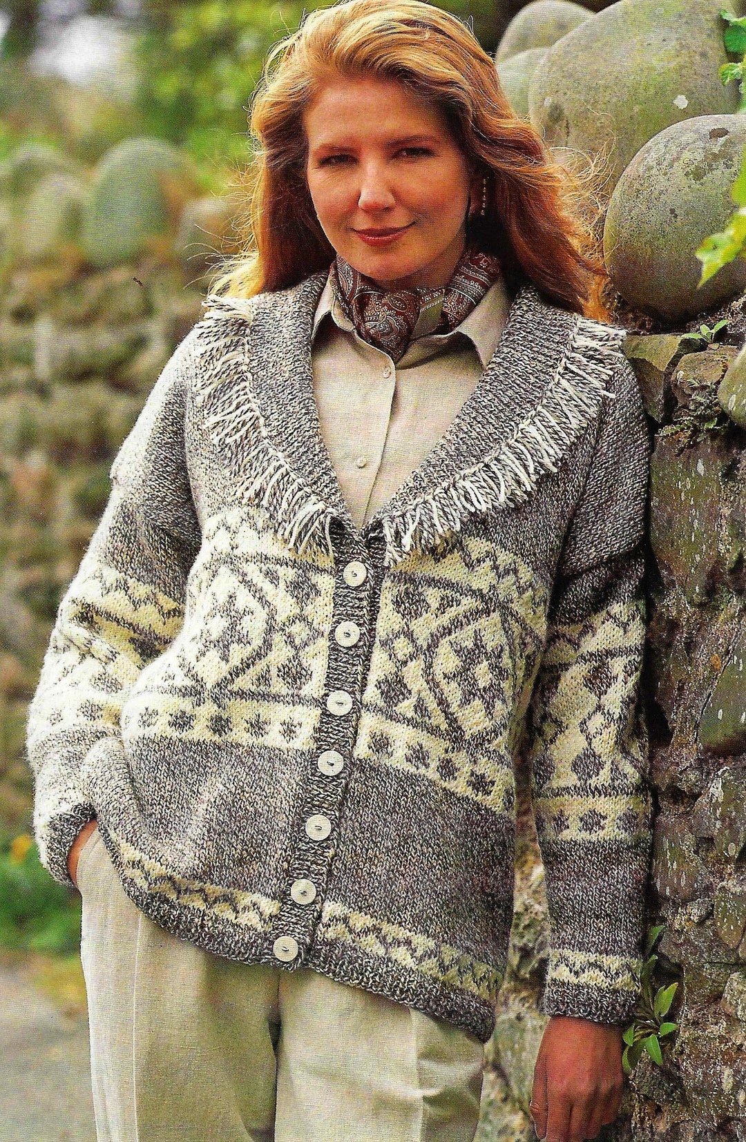 Ladies Long Length Fair Isle Jacket or Cardigan With Shawl Collar PDF Knitting Pattern Aran ( 10 ...