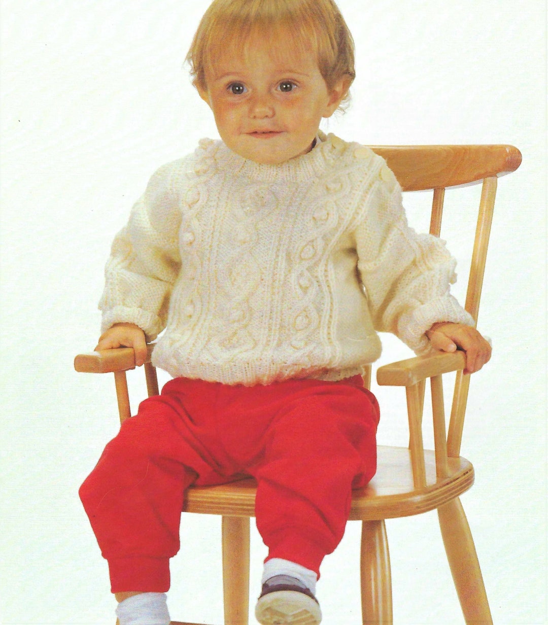 PDF Knitting Pattern Baby Boys Cable & Bobble Sweater Jumper Button ...
