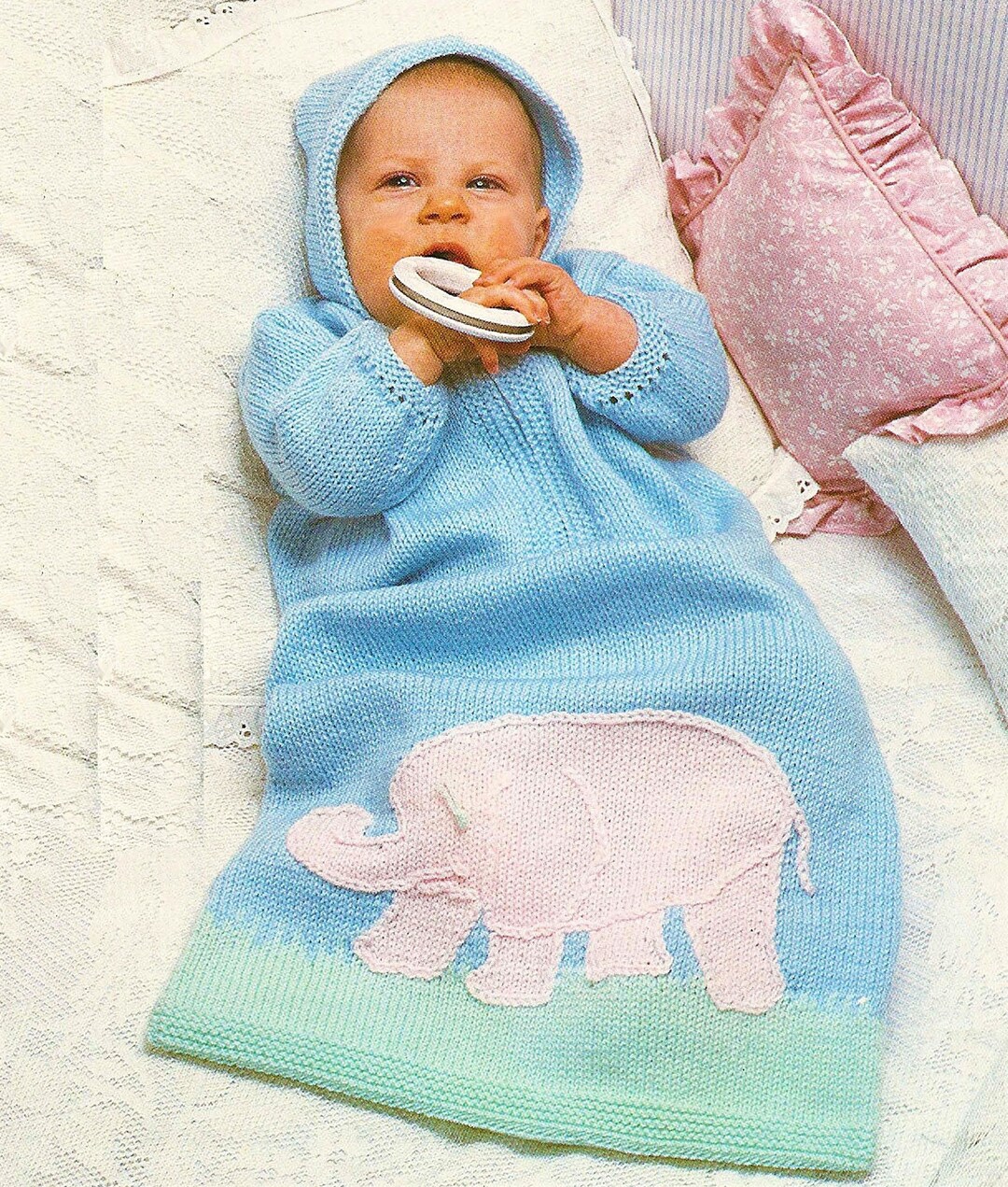 PDF Knitting Pattern Baby Elephant Motif Hooded Sleeping Bag Cocoon ...