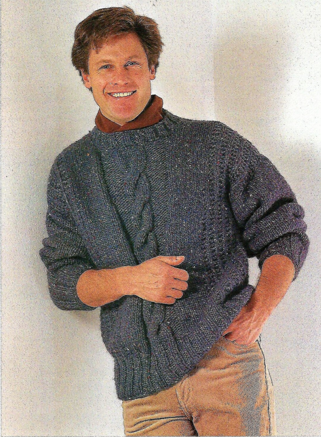 PDF Knitting Pattern Mens Cable Panel Sweater Crew Neck Jumper Pullover ...