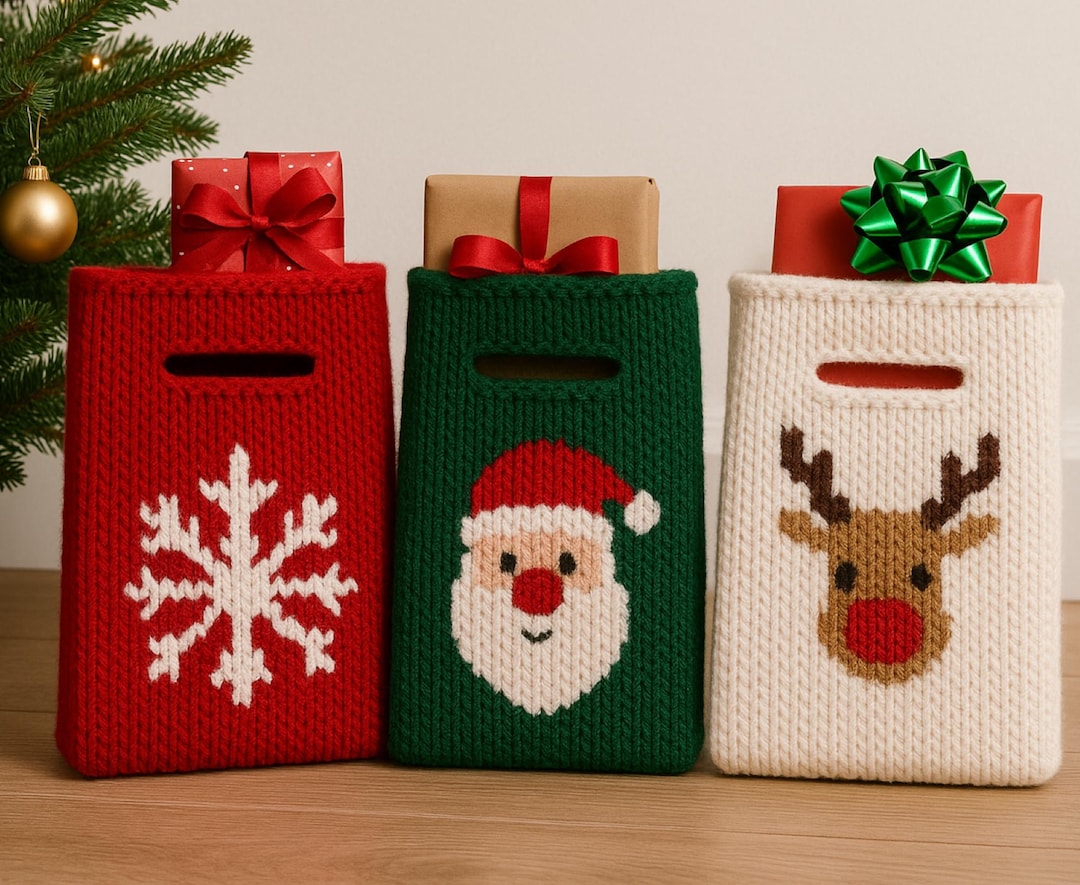 Knitting Pattern PDF Christmas Gift Bag Santa Reindeer & Snowflake Easy ...