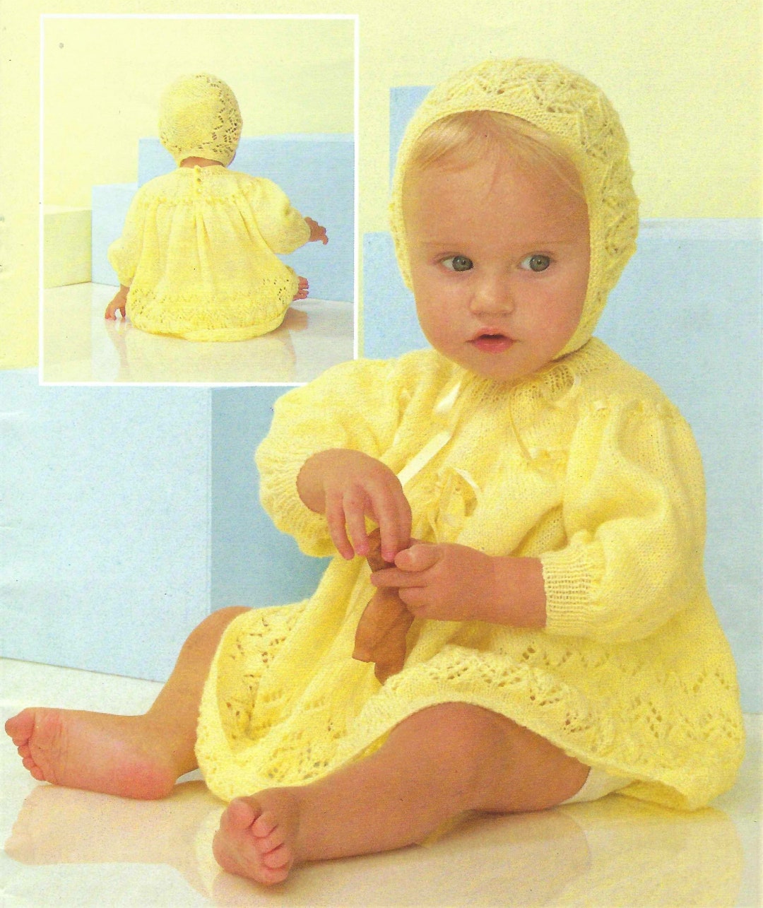 Baby Girls Yoked Dress & Bonnet Set Long Sleeve PDF Knitting Pattern 16 ...