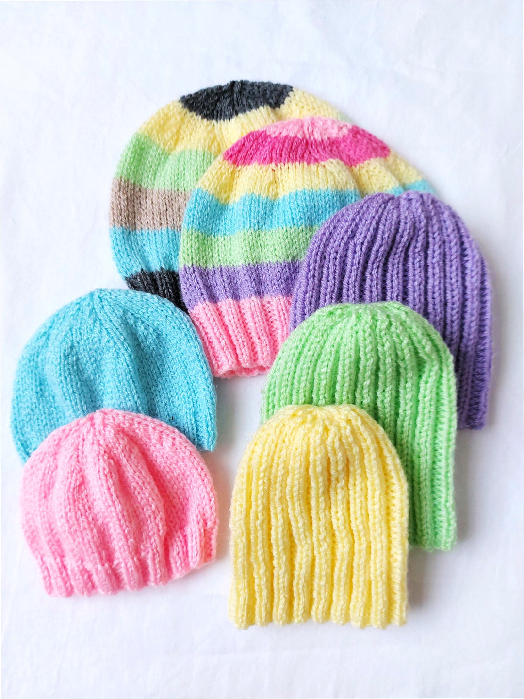 Easy Knit Premature Baby Hat Knitting Pattern Rib Striped & Plain Beanie Hats DK ( 8ply ) Weight ...
