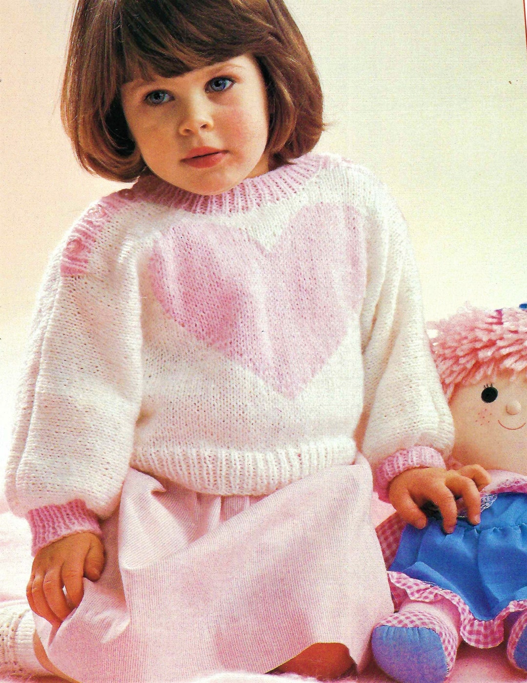 PDF Knitting Pattern Baby Girls Childs Heart Intarsia Motif Sweater ...