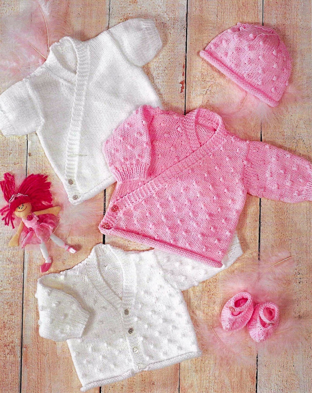 Baby Girls Wrap Cross Over Cardigan Hat Shoes Plain or Bobble Design ...