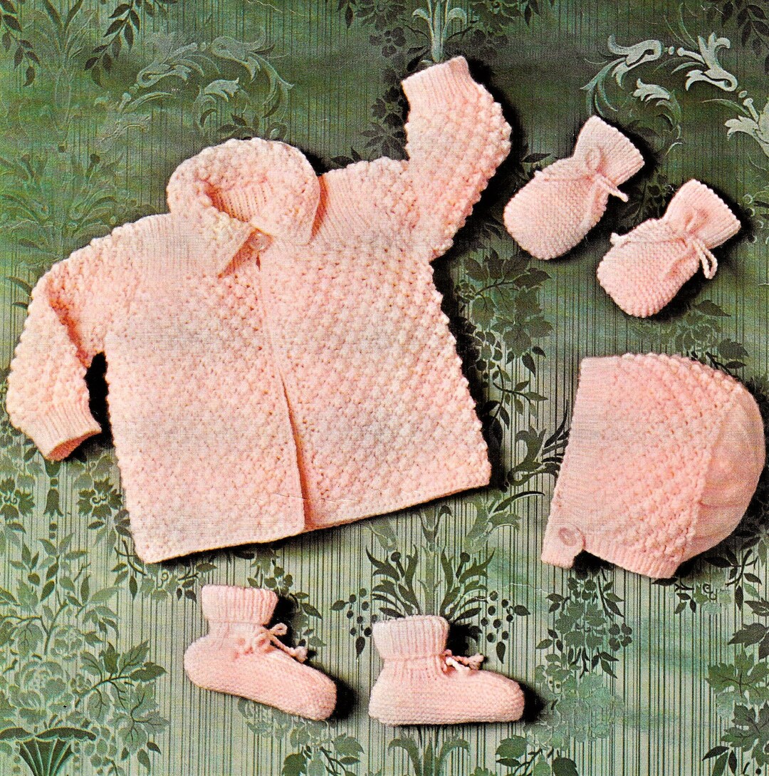 Baby Girls Bramble Stitch Jacket Cardigan With Collar Bonnet Mittens ...