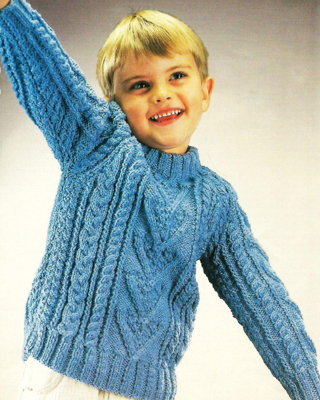 Boys Cable Raglan Sweater Crew Neck Jumper PDF Knitting Pattern Aran ...