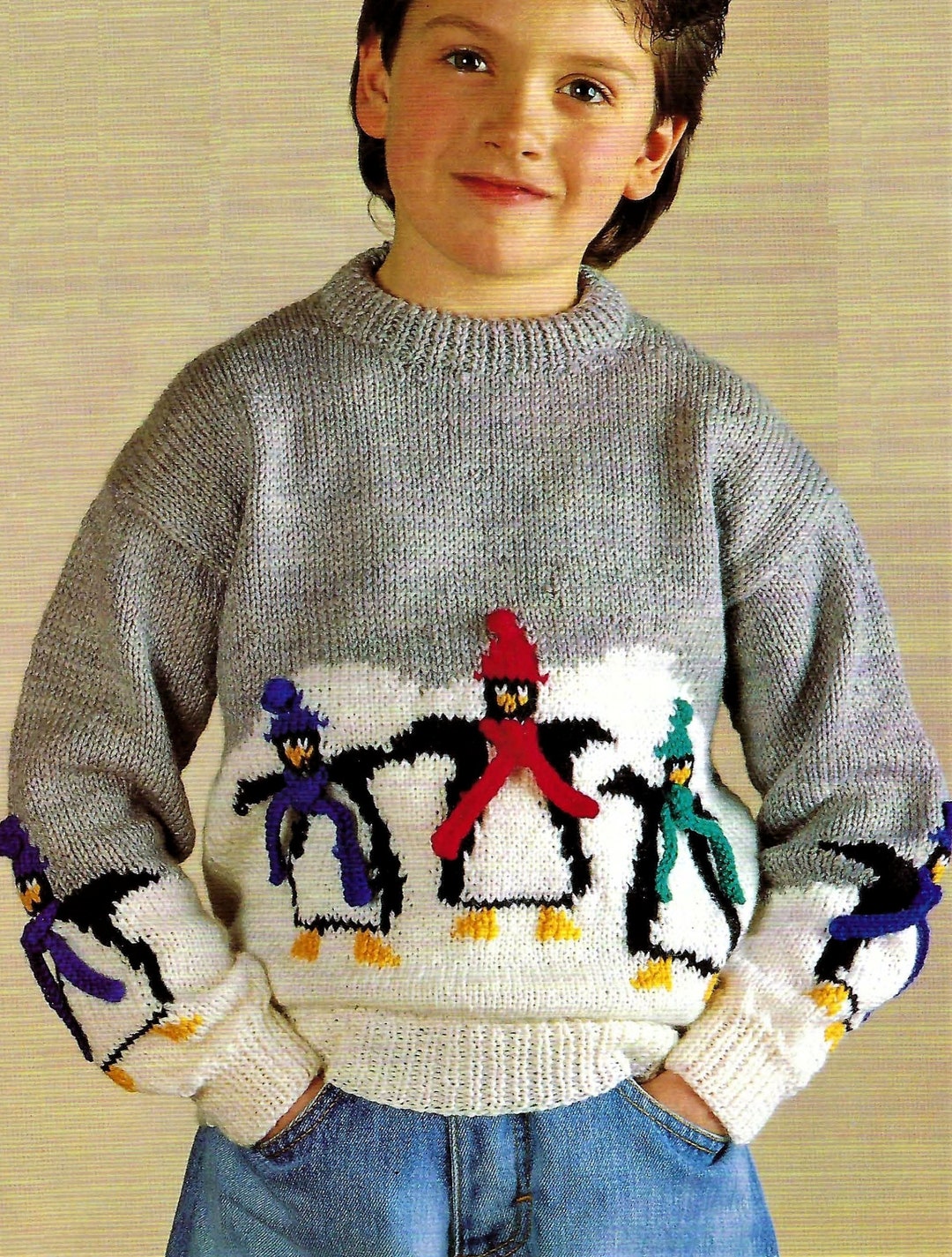 Childs Christmas Penguin Motif Sweater Jumper PDF Knitting Pattern Boys ...