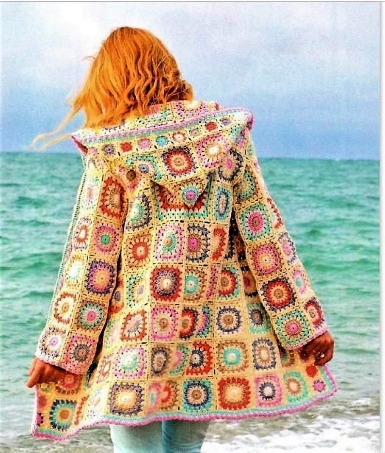 Ladies Womens PDF Crochet Pattern Long Granny Square Hooded Jacket ...