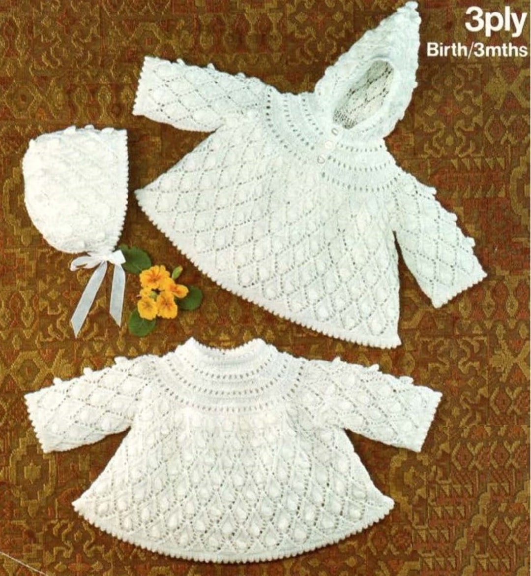 Baby Girls Hooded Sweater With Yoke Lacy Bobble Bonnet & Yoked Angel ...