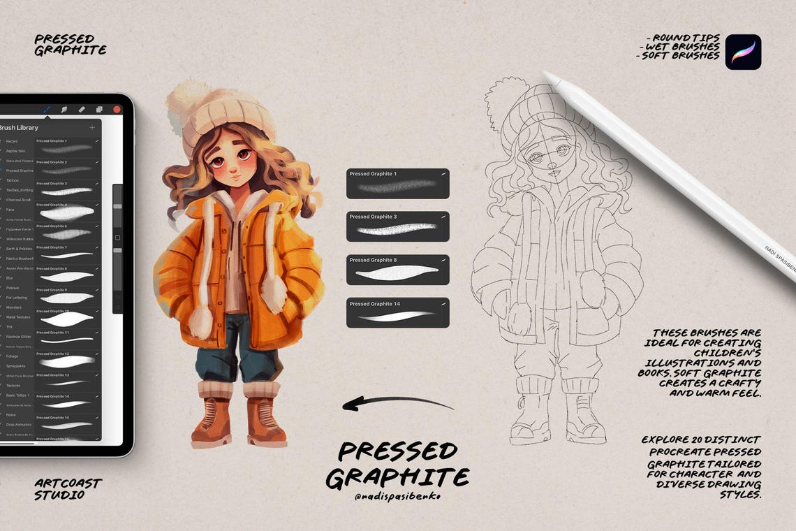 Pressed Graphite Brushes for Procreate, Character Brushes, Round Brush ...