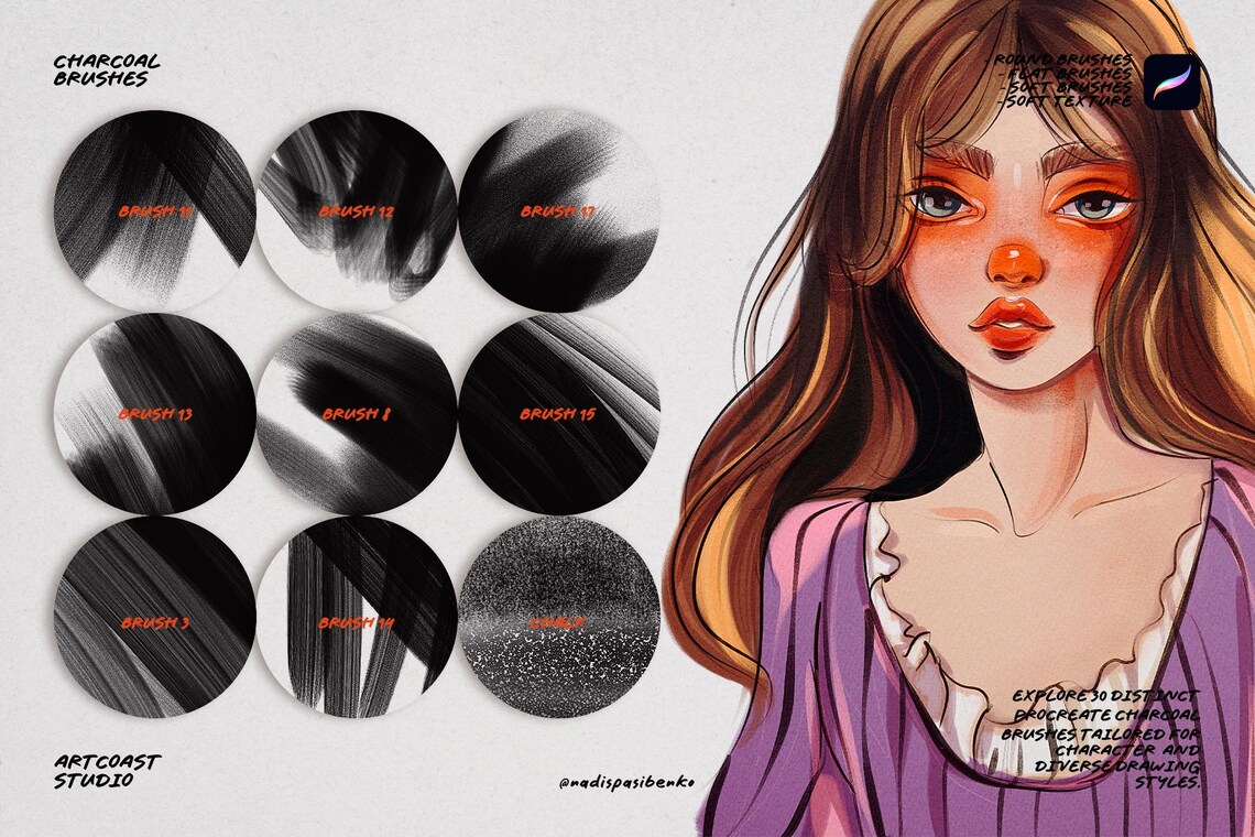 Charcoal Brushes for Procreate | Texture & Character Drawing Set ...