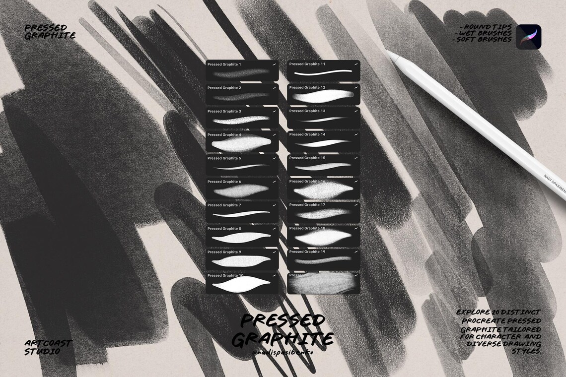 Pressed Graphite Brushes for Procreate, Character Brushes, Round Brush ...
