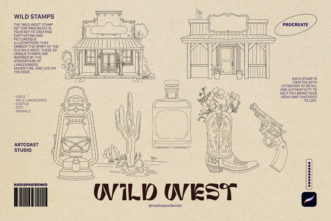 Color Page, Procreate Wild West Shapes, Brushes for Procreate, Girls ...